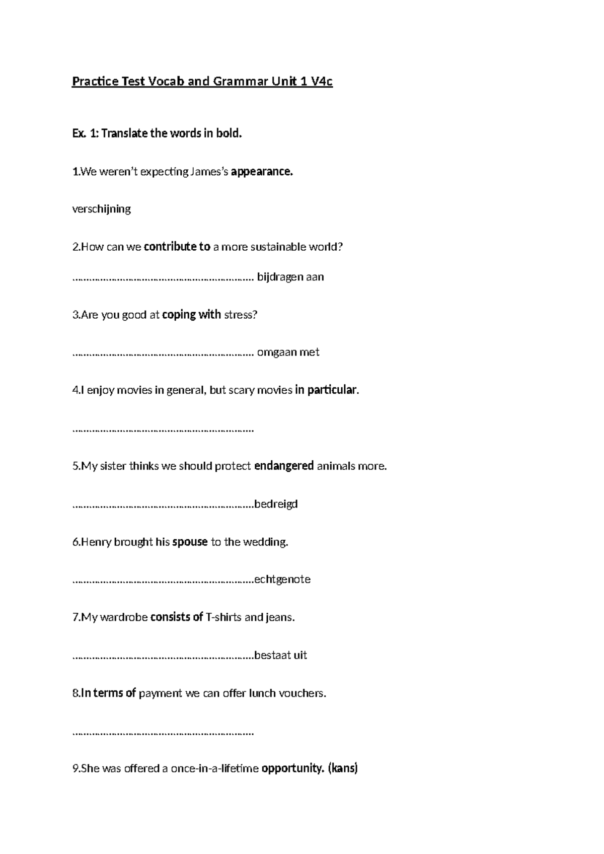 Practice Paper Unit 1: Vocab & Grammar Test Review - Studeersnel