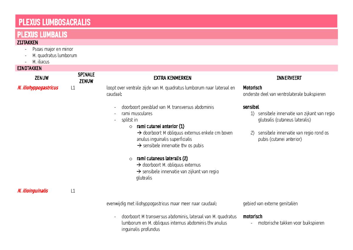 Schema van Plexus Lumbosacralis: Anatomie en Functies - Studocu