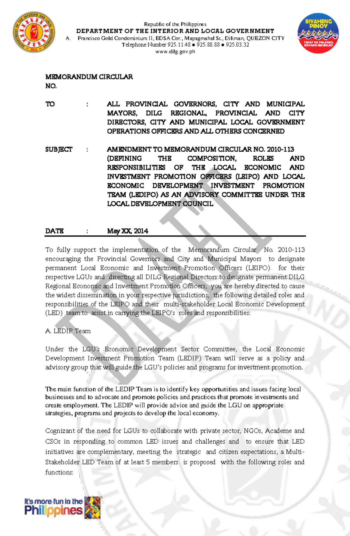 DILG-Memo Circular No. 2014 on Local Economic Development Guidelines ...