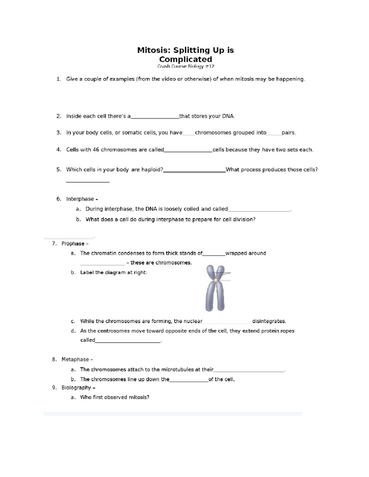 Crash Course Biology 1: Mitosis Overview and Key Questions - Studocu