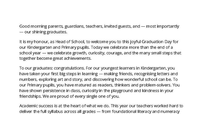 Graduation Day Speech for Kindergarten & Primary Pupils - Studocu