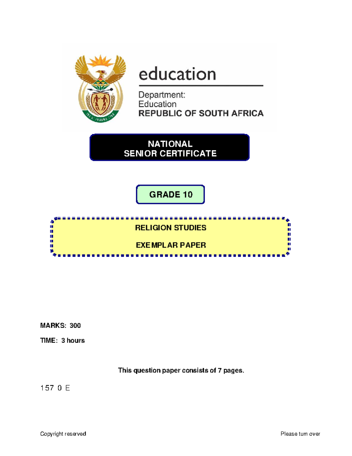 Grade 10 Religion Studies Exemplar Exam Paper 2006 - 300 Marks - Studocu