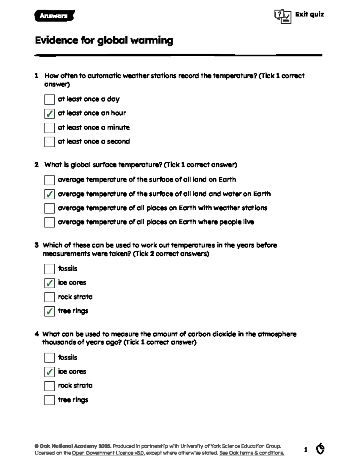 Exit Quiz: Evidence for Global Warming - Answers (Cambridge Science ...