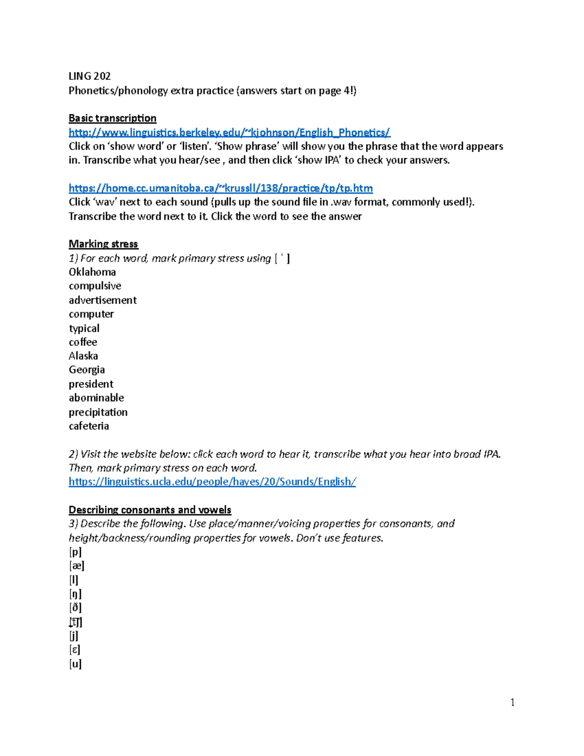 LING 202 Extra Practice: Phonetics & Phonology Exercises - Studocu