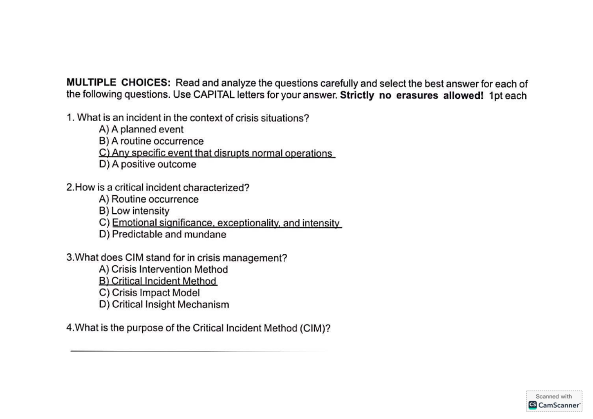 MULTIPLE CHOICE QUESTIONS ON CRISIS MANAGEMENT (CRI 190) - Studocu