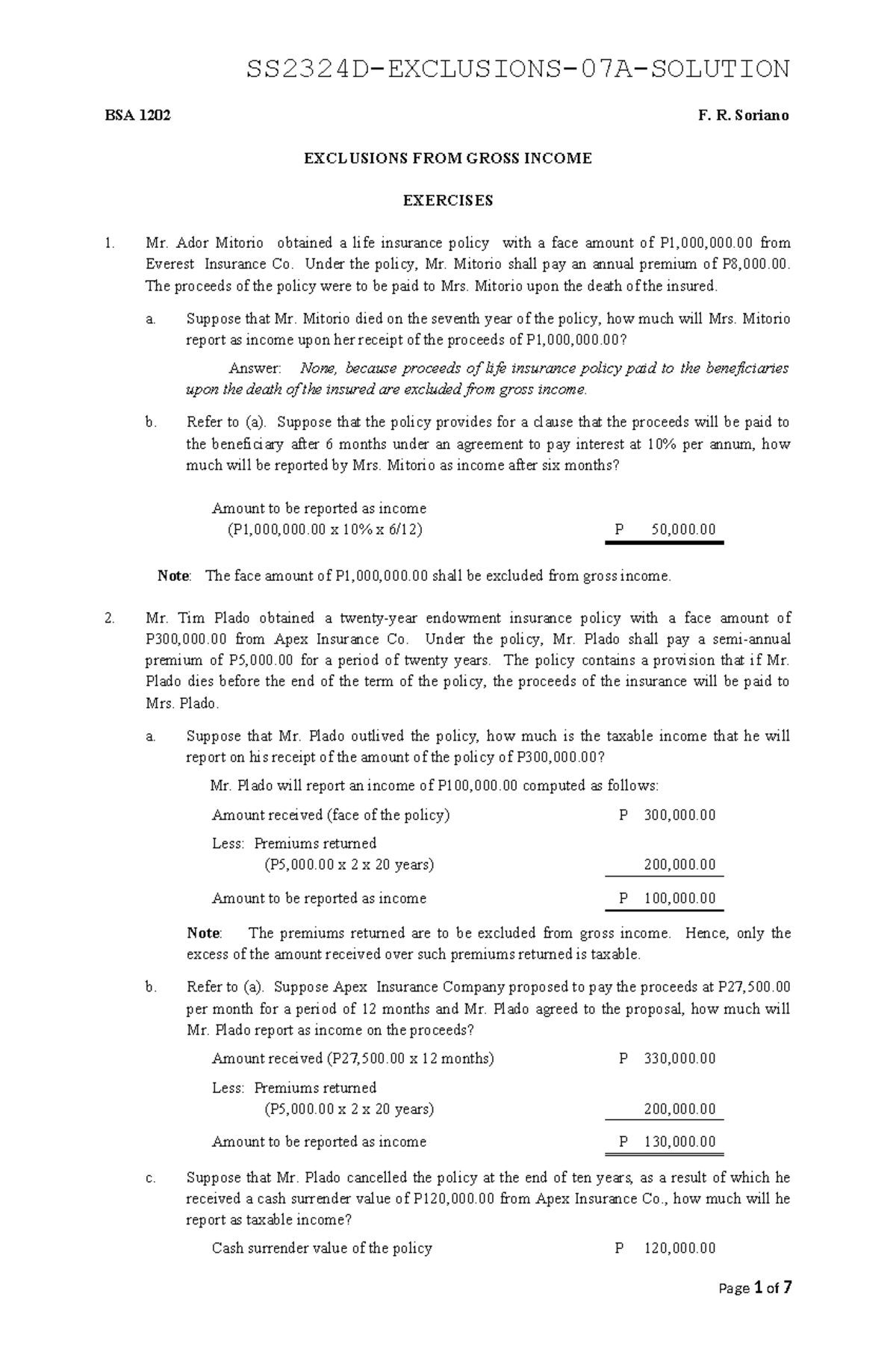 BSA 1202 SS2324D Exclusions from Gross Income Exercises Solutions - Studocu