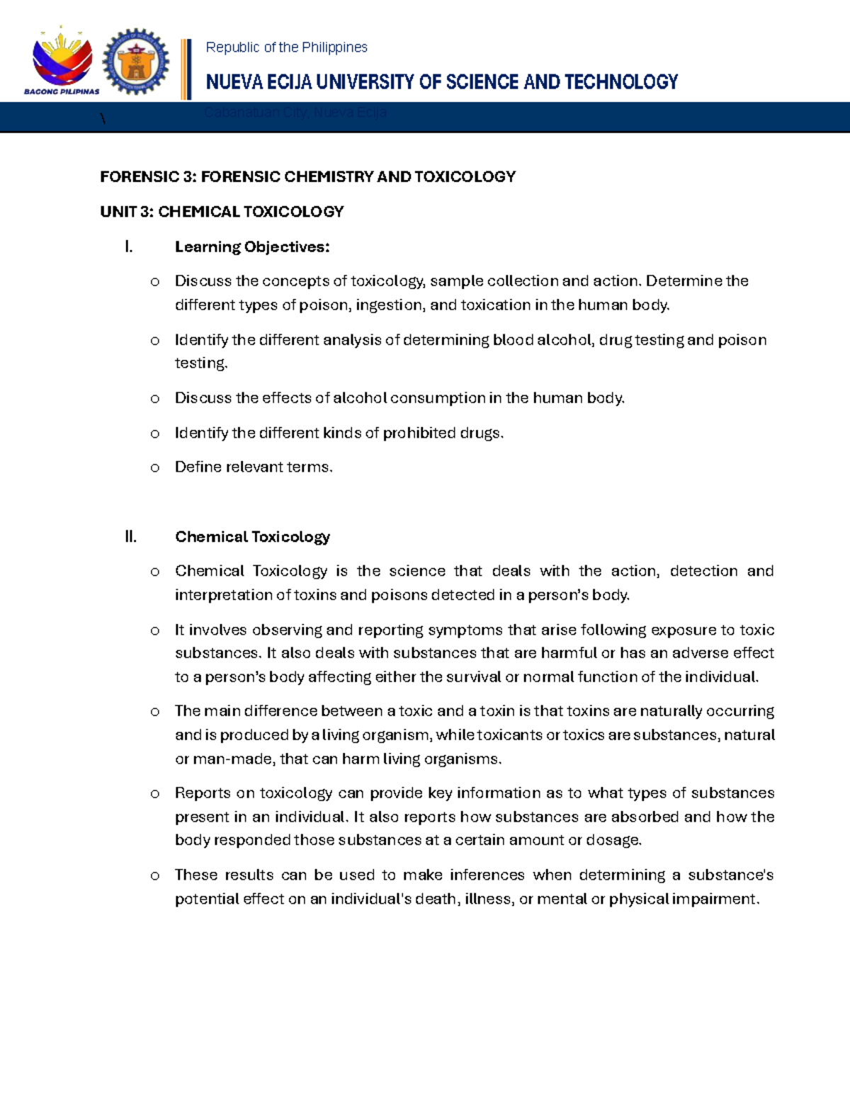 Forensic 3: Unit 3 Chemical Toxicology Notes - NEUST - Studocu