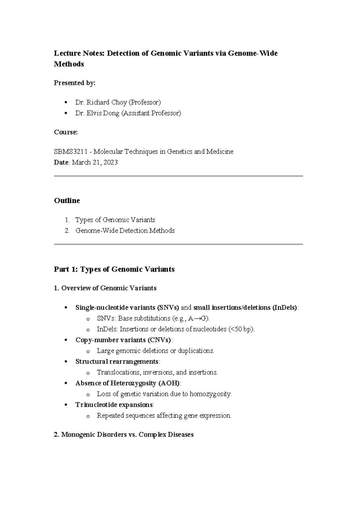 Sbms3211 Lecture Notes - Lecture Notes: Detection of Genomic Variants ...