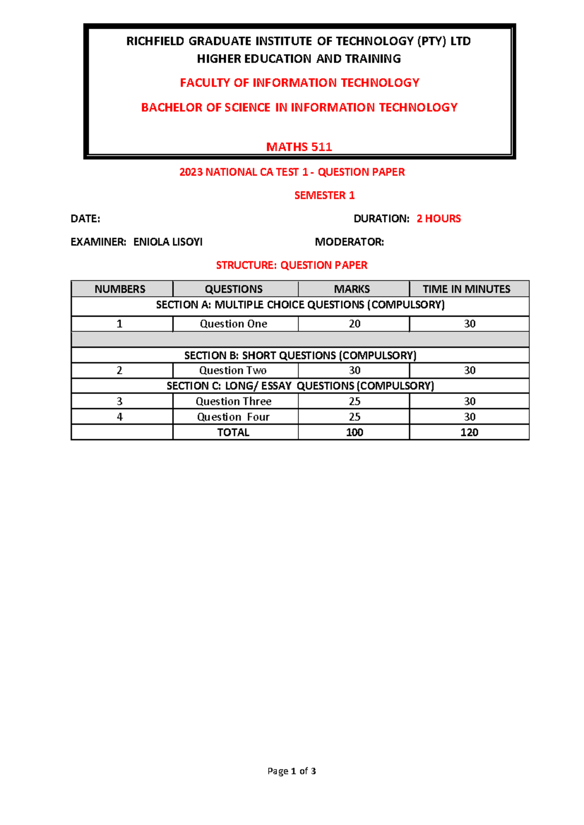 Maths 511 CA Test 1 - Past Paper Questions and Structure Details - Studocu