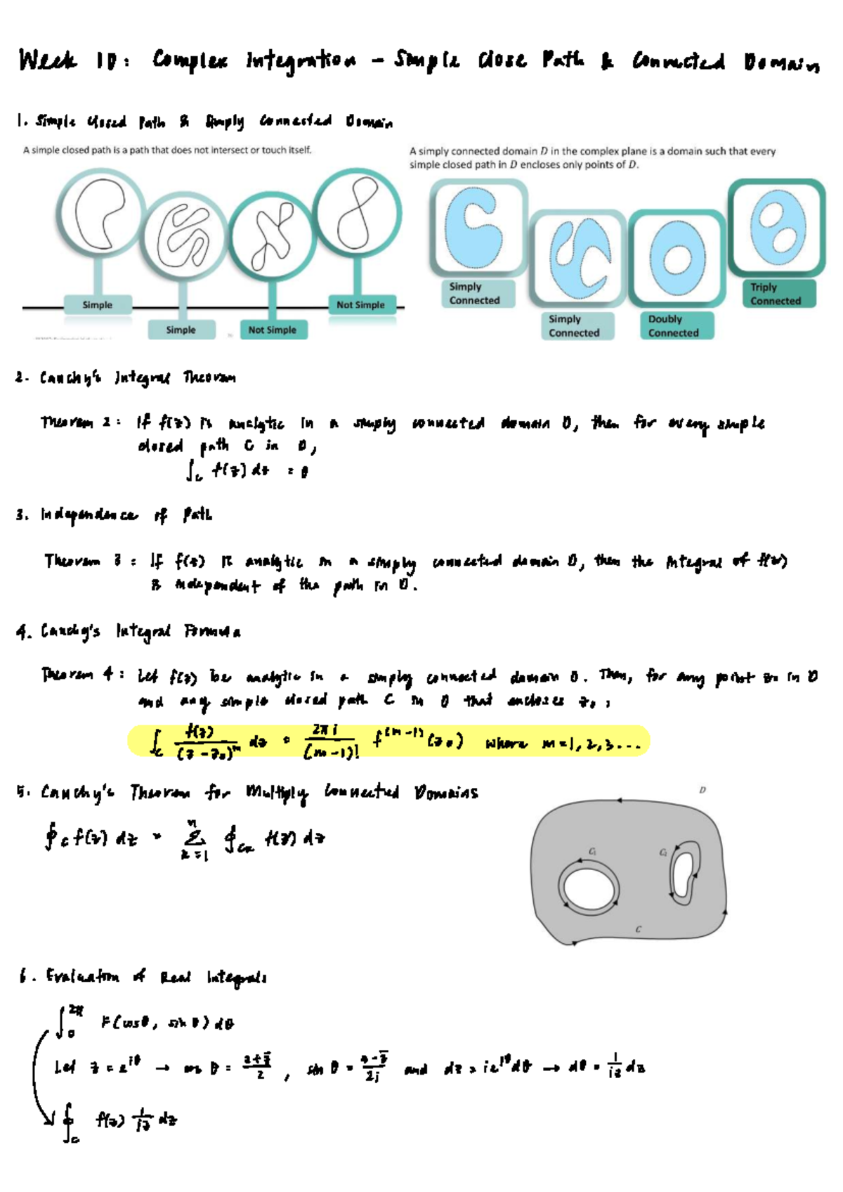 Week 10 - Summary of Complex Integration Theorems and Applications - Studocu