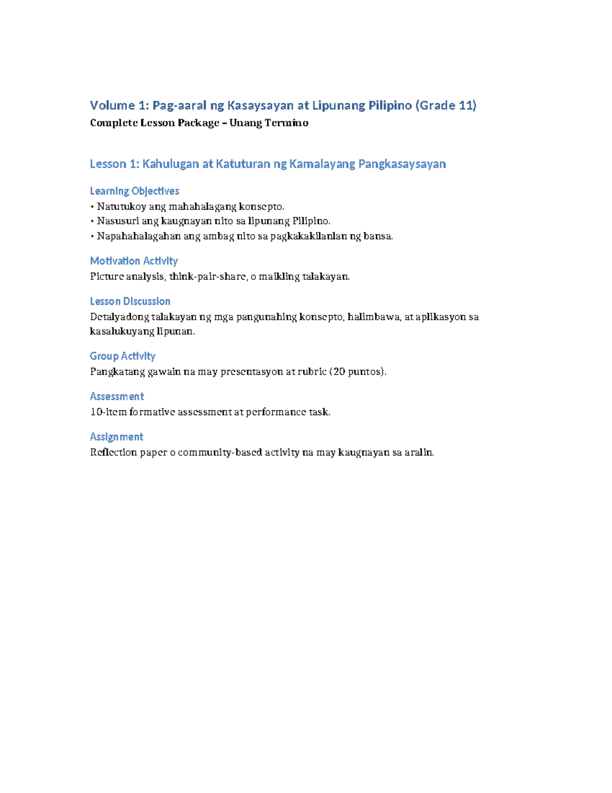 Volume 1: Kasaysayan at Lipunang Pilipino (Grade 11) Lesson Package ...