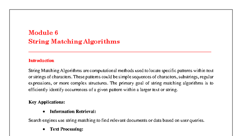 Module 6 - Introduction to String Matching Algorithms - Studocu