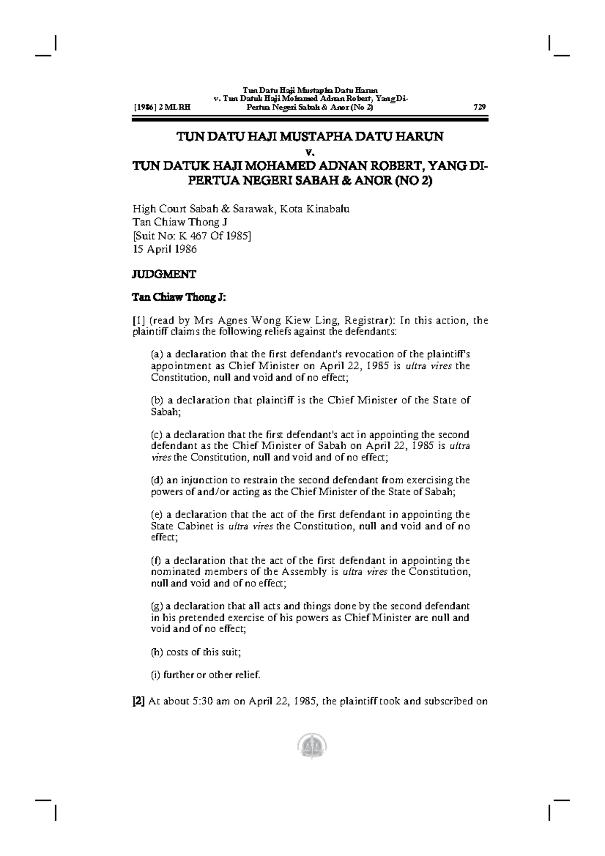 Case Study: Tun Datu Haji Mustapha Datu Harun v. Tun Datuk Haji Mohamed ...