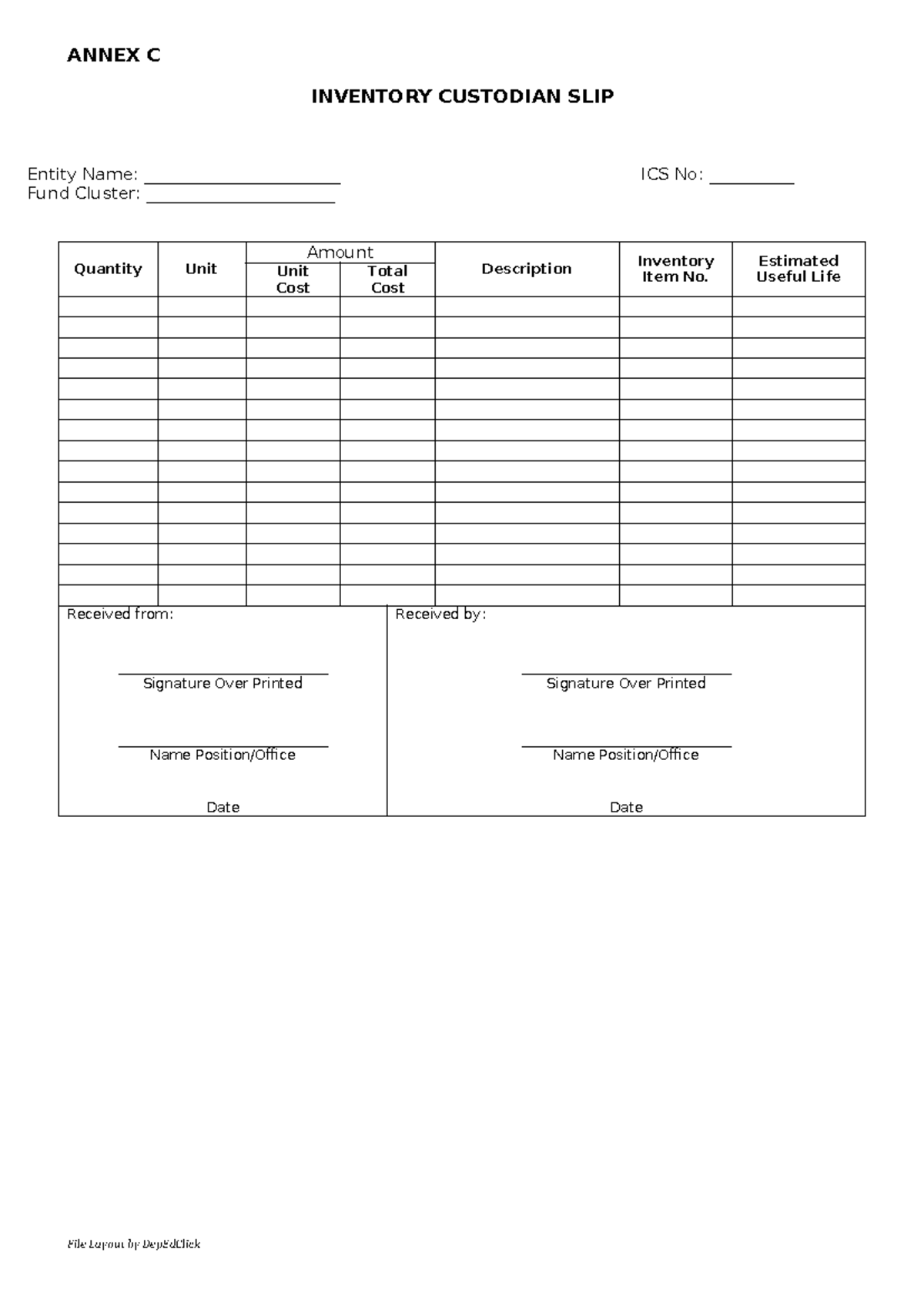 Inventory Custodian Slip - ANNEX C INVENTORY CUSTODIAN SLIP Entity Name