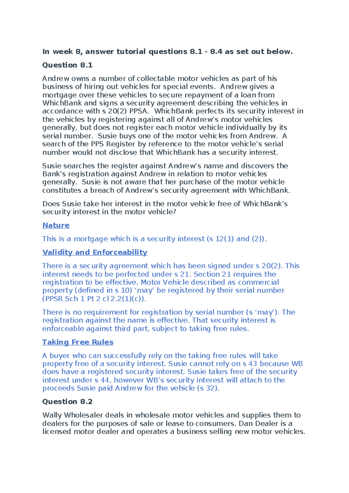 Week 8 Tutorial Questions on Security Interests and PPSA - Studocu