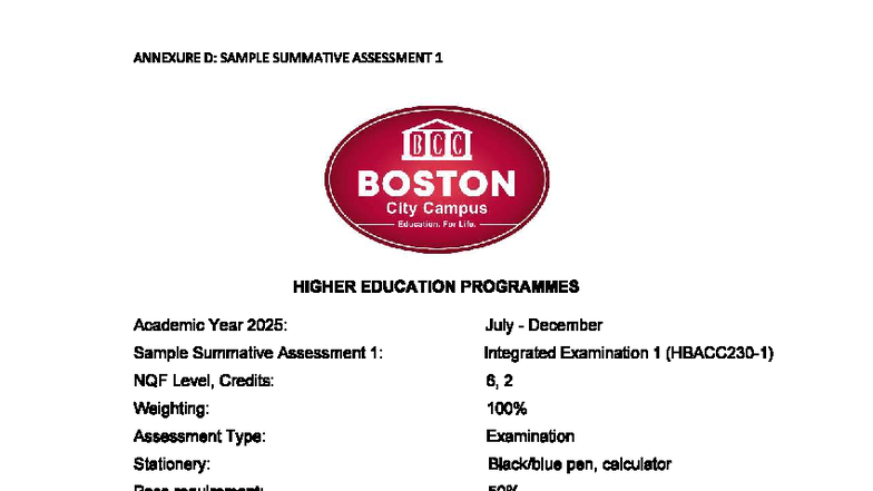 Sample Summative Assessment 1: BCC Boston City Campus 2025 Exam - Studocu