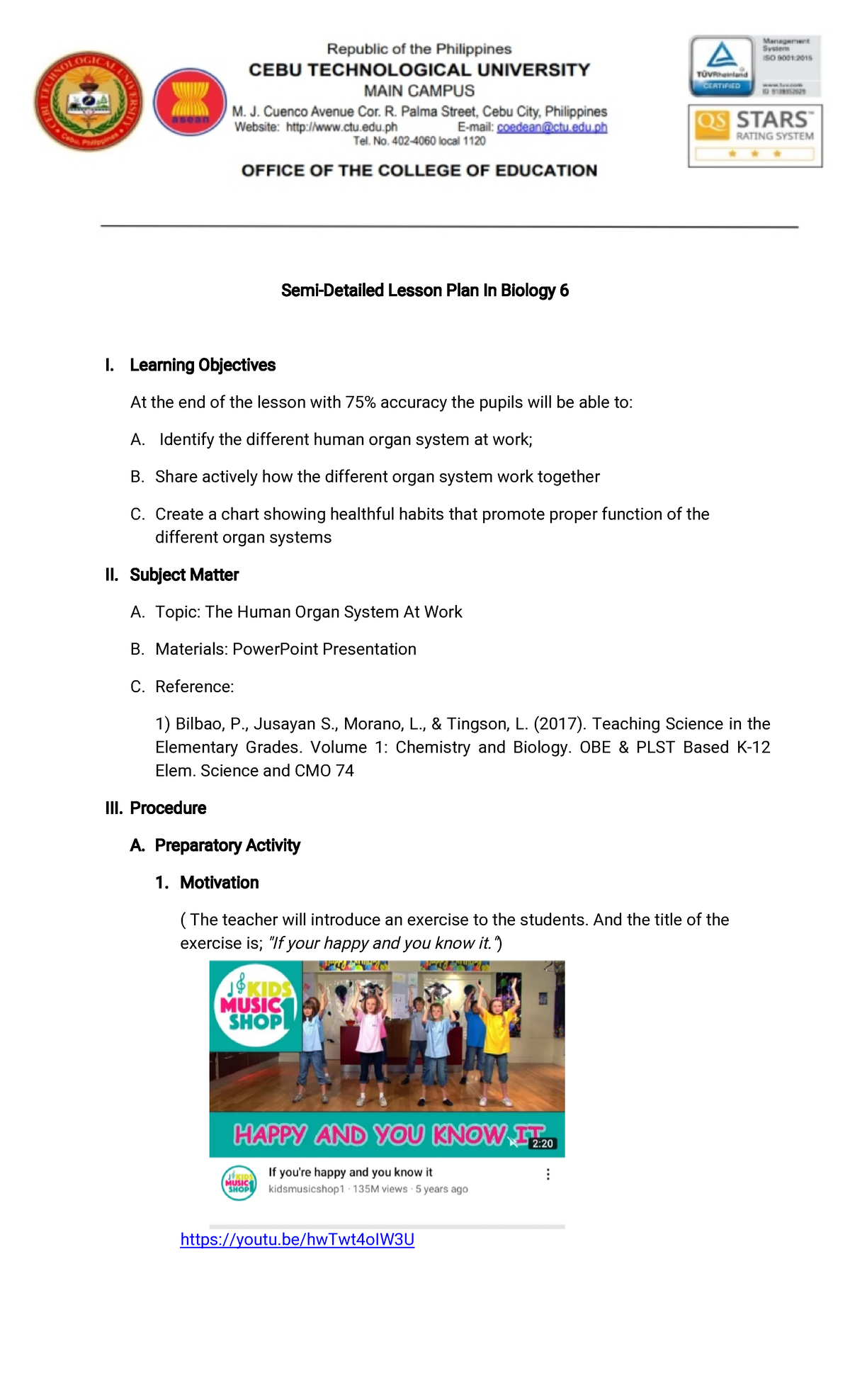 Biology 6 Semi-Detailed Lesson Plan: Human Organ Systems - Studocu