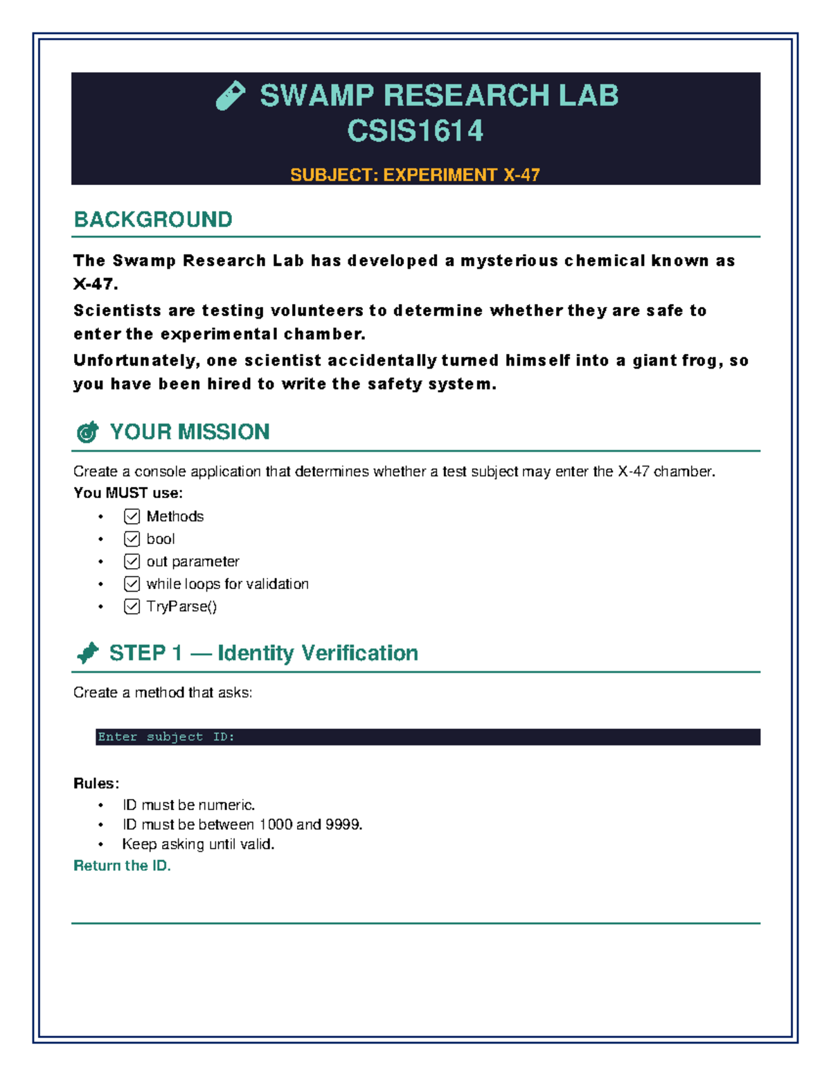 Swamp Research Lab CSIS1614: Experiment Safety System Guide - Studocu