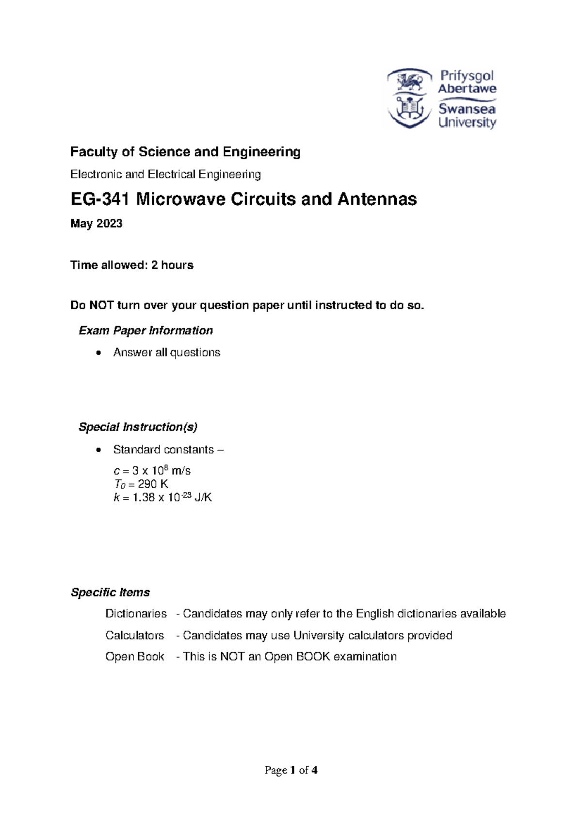 EG-341 Microwave Circuits and Antennas Exam Paper May 2023 - Studocu