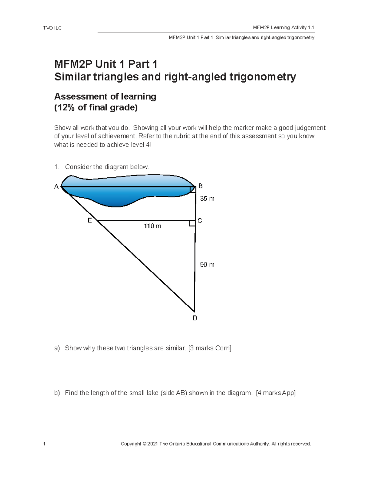MFM2P Unit 1 Quiz: Similar Triangles and Trigonometry Assessment - Studocu