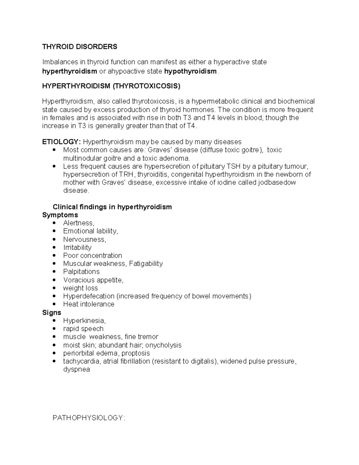 THYROID DISORDERS: Hyperthyroidism & Hypothyroidism Overview - Studocu