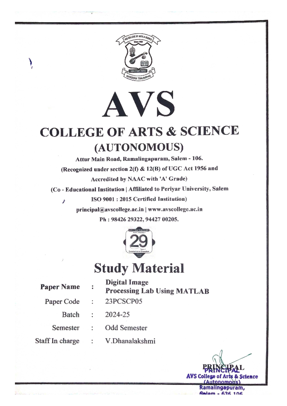 Matlab 1 - Semester - III Course Code - 23PCSCP05 Hours/Week - 2 Credit ...