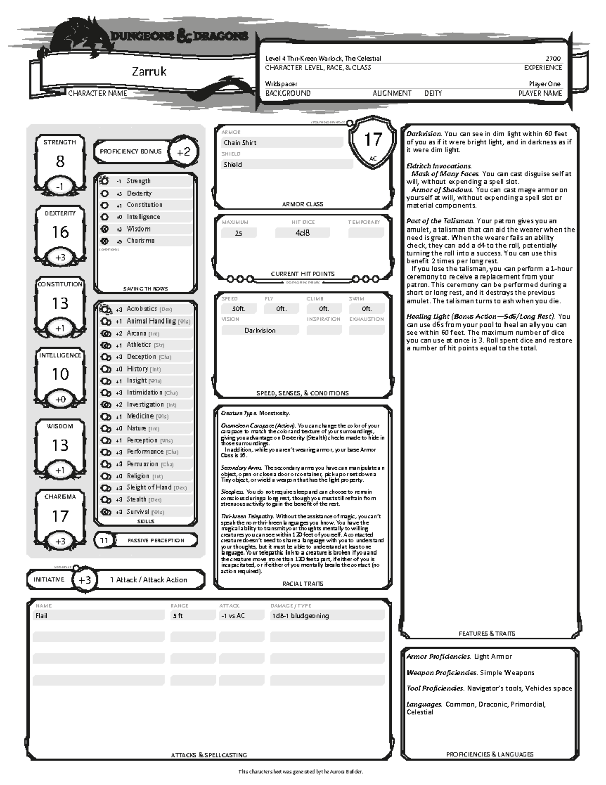Zarruk Wildspacer: Level 4 Celestial Warlock Character Sheet - Studocu