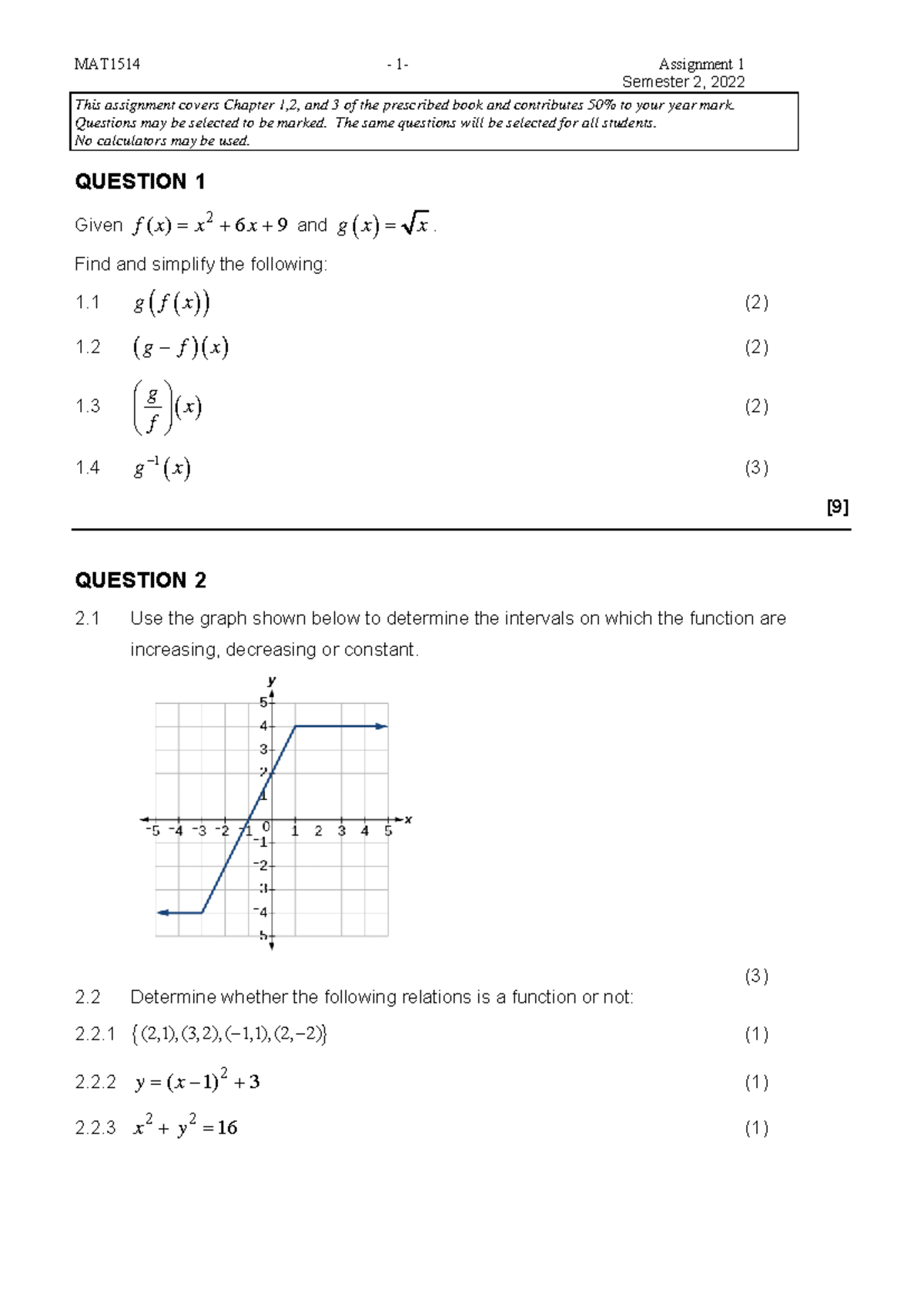 MAT1514 Assignment 1: Chapters 1-3 Overview, Semester 2, 2022 - Studocu
