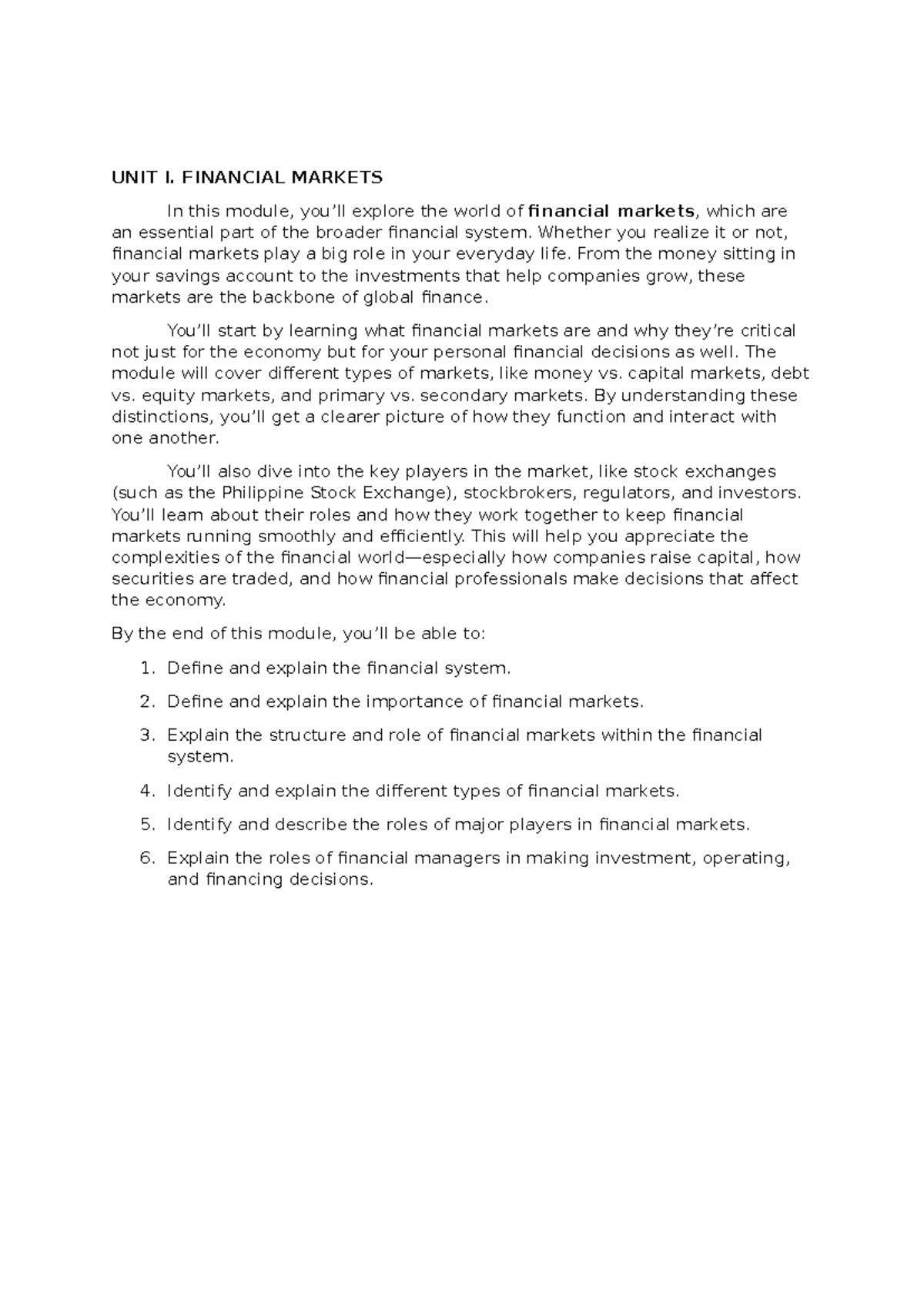 Fm-111 Lecture: Understanding Financial Markets and Their Roles - Studocu
