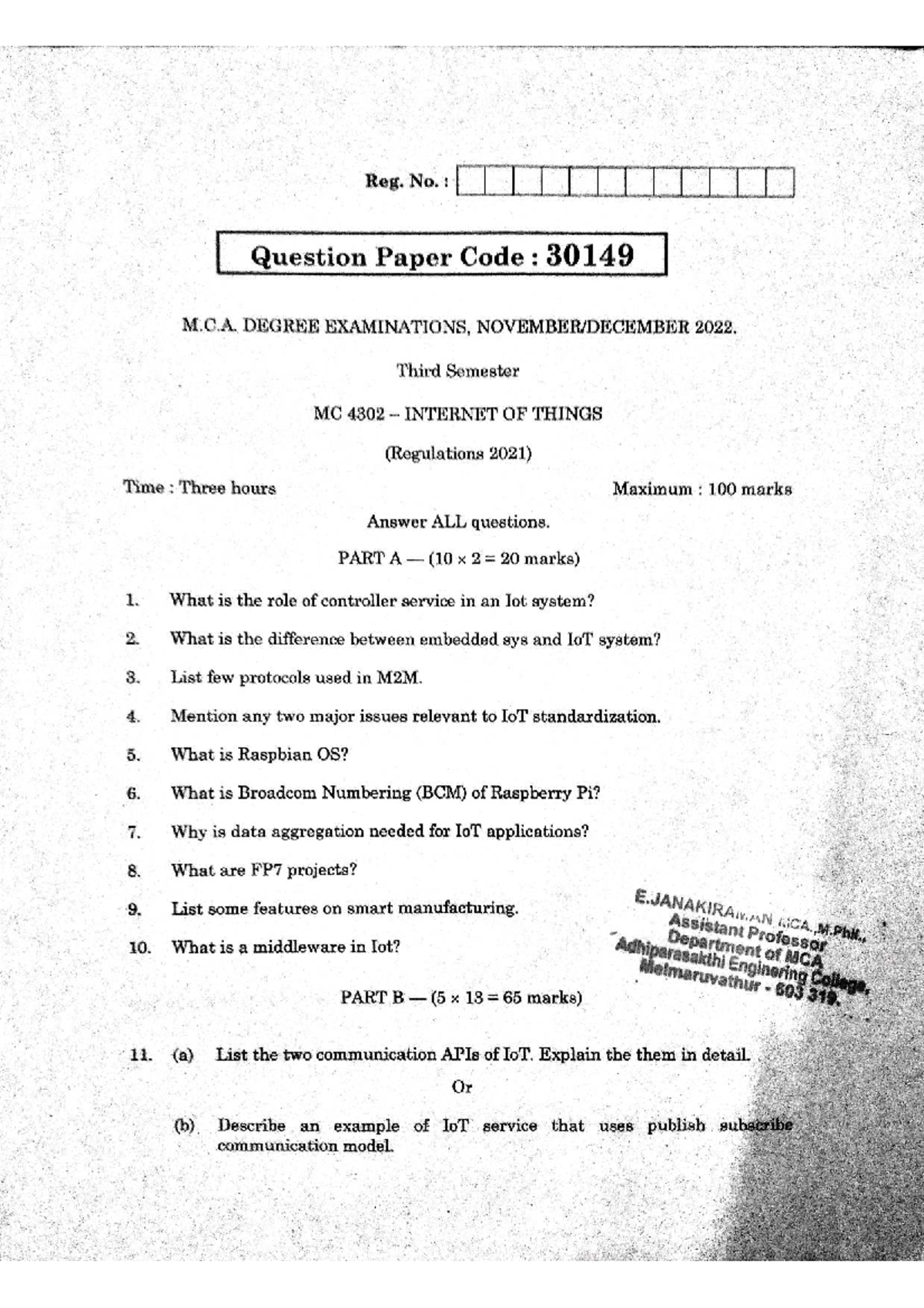 M.C.A. 3rd Sem MC 4302 IoT Question Paper Nov-Dec 2022 - Studocu