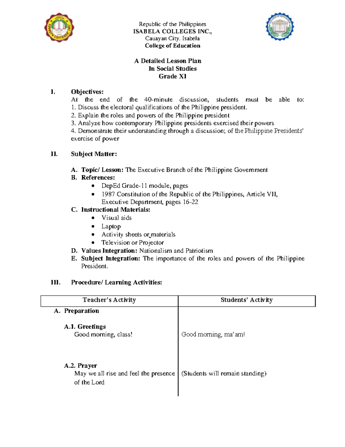Detailed Final Lesson Plan on The Executive Branch (SS 11) - Studocu