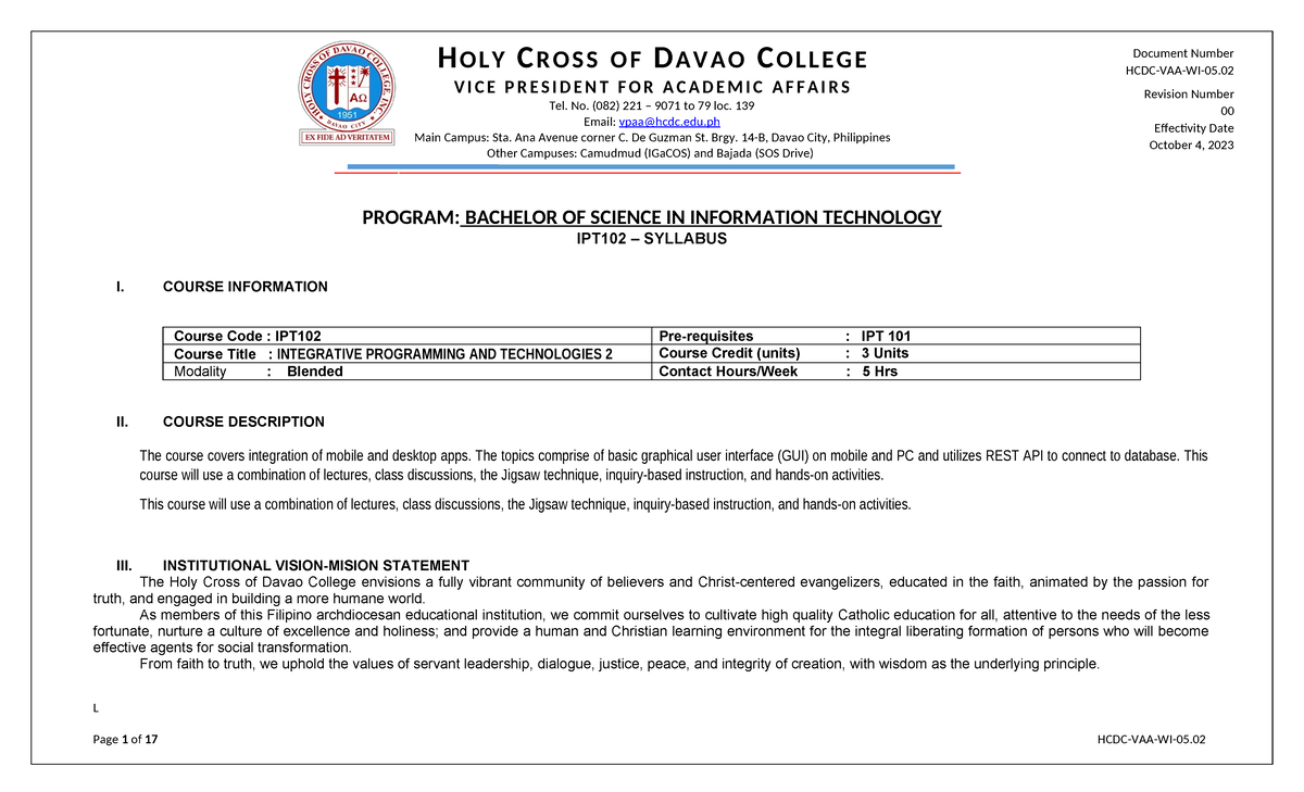 IPT102 Syllabus: Integrative Programming & Technologies 2 Overview ...