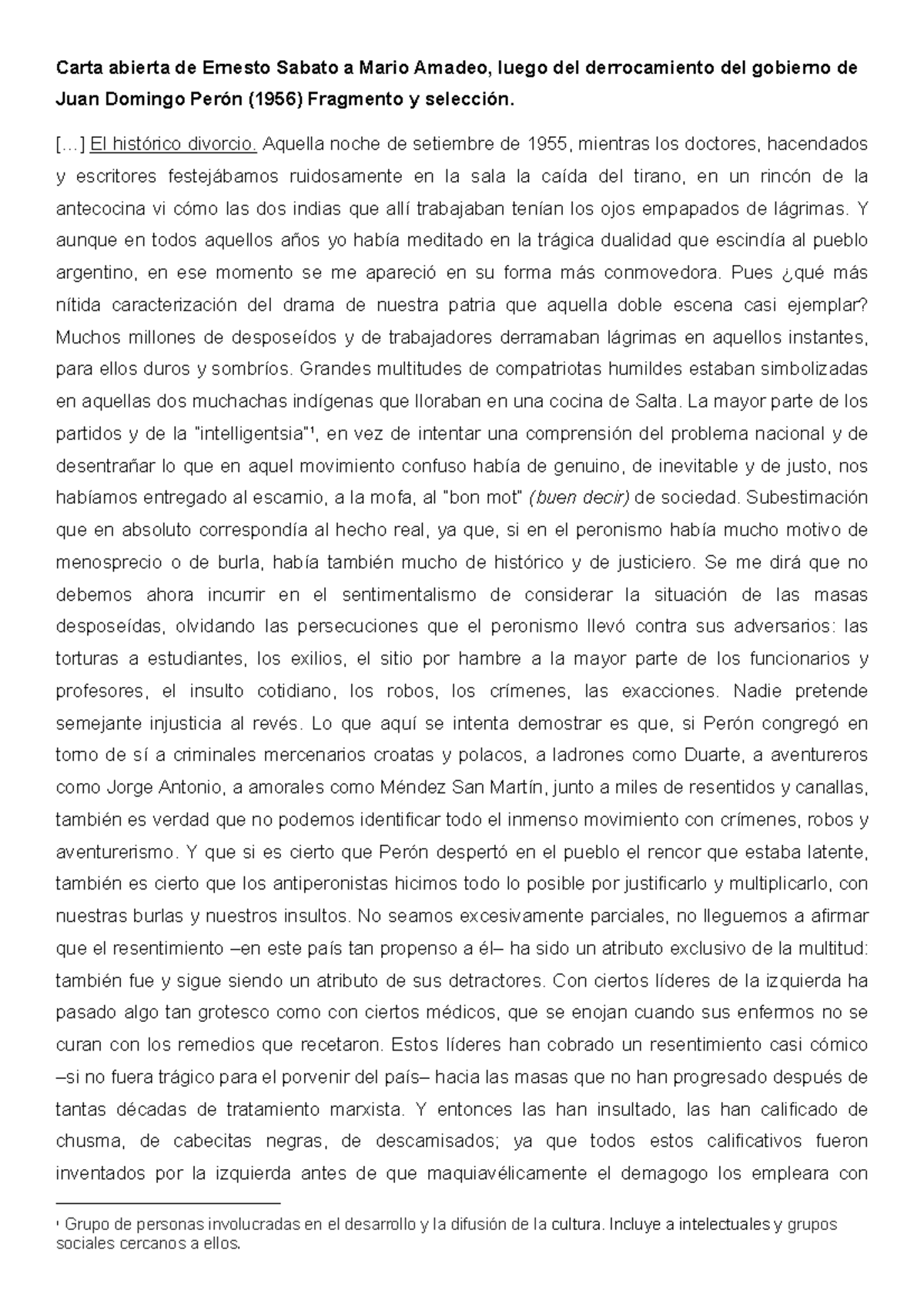 Carta de Ernesto Sabato a Mario Amadeo: Reflexiones sobre Perón (1956 ...