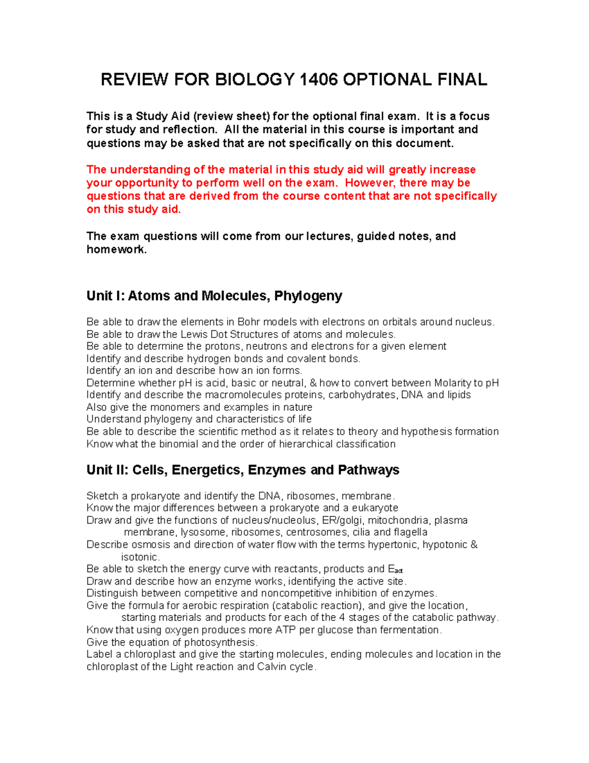 Biology 1406 Optional Final Exam Review: Study Aid for Success - Studocu