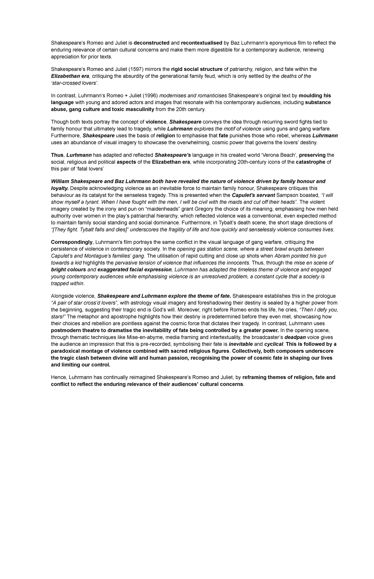 Romeo & Juliet Comparative Essay: Shakespeare vs. Luhrmann's Adaptation ...