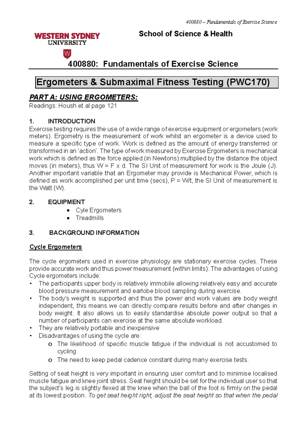 400880 Fundamentals of Exercise Science: PWC170 Submaximal Fitness ...