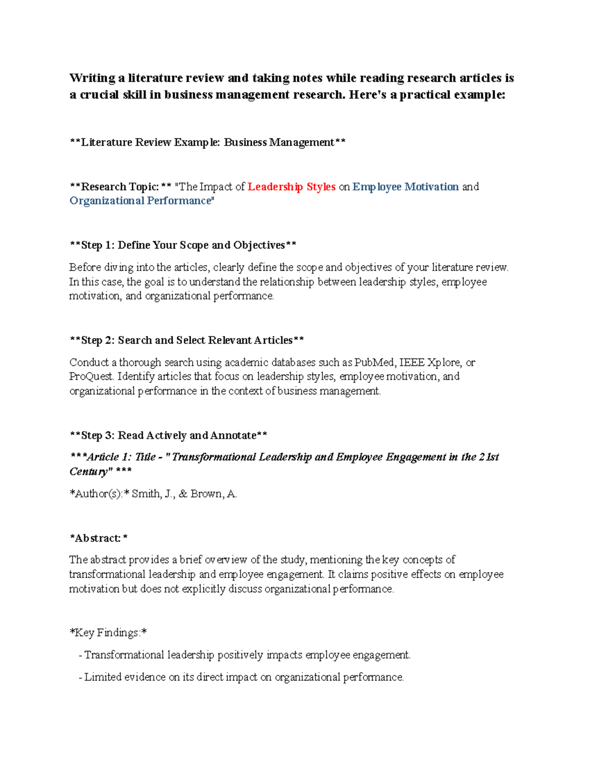 Business Management Literature Review Exercise: Practical Example (BM ...