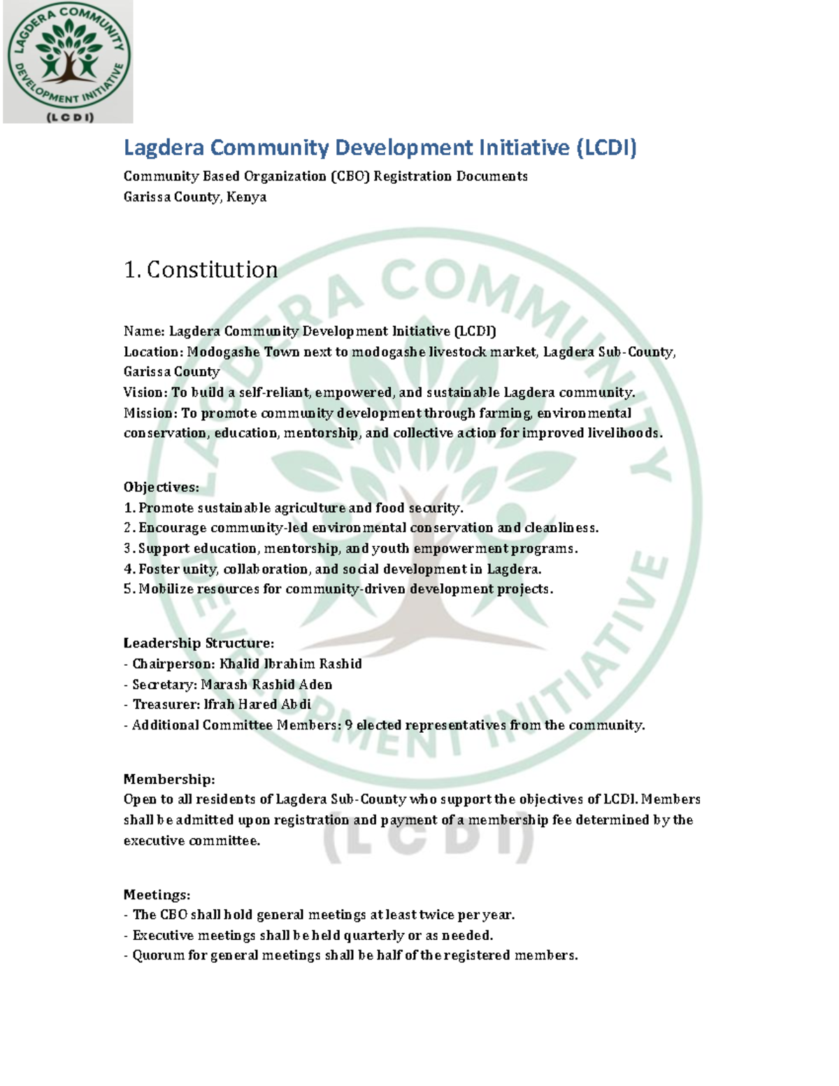 Lagdera Community Development Initiative (LCDI) Registration Docs - Studocu
