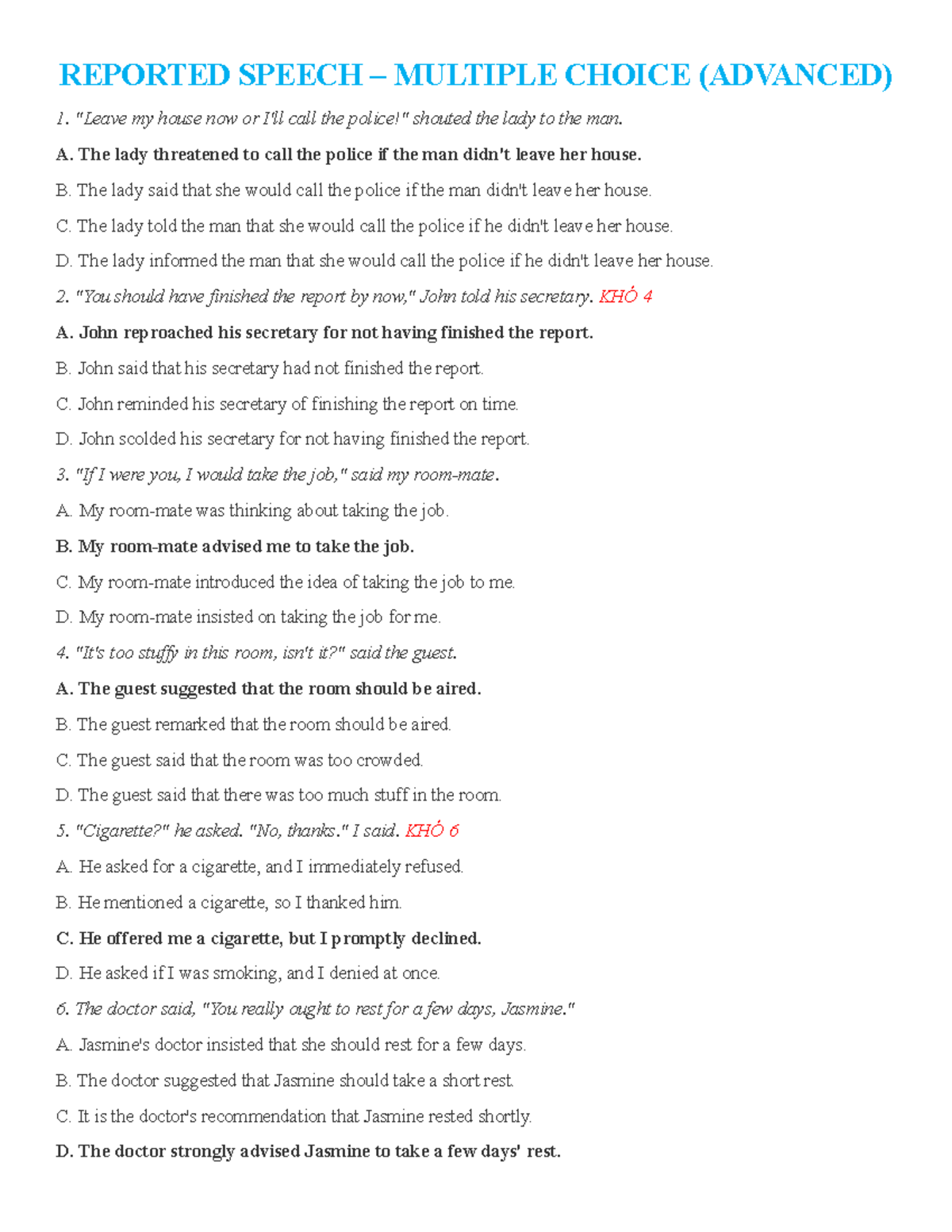 Reported Speech Multiple Choice - REPORTED SPEECH – MULTIPLE CHOICE ...