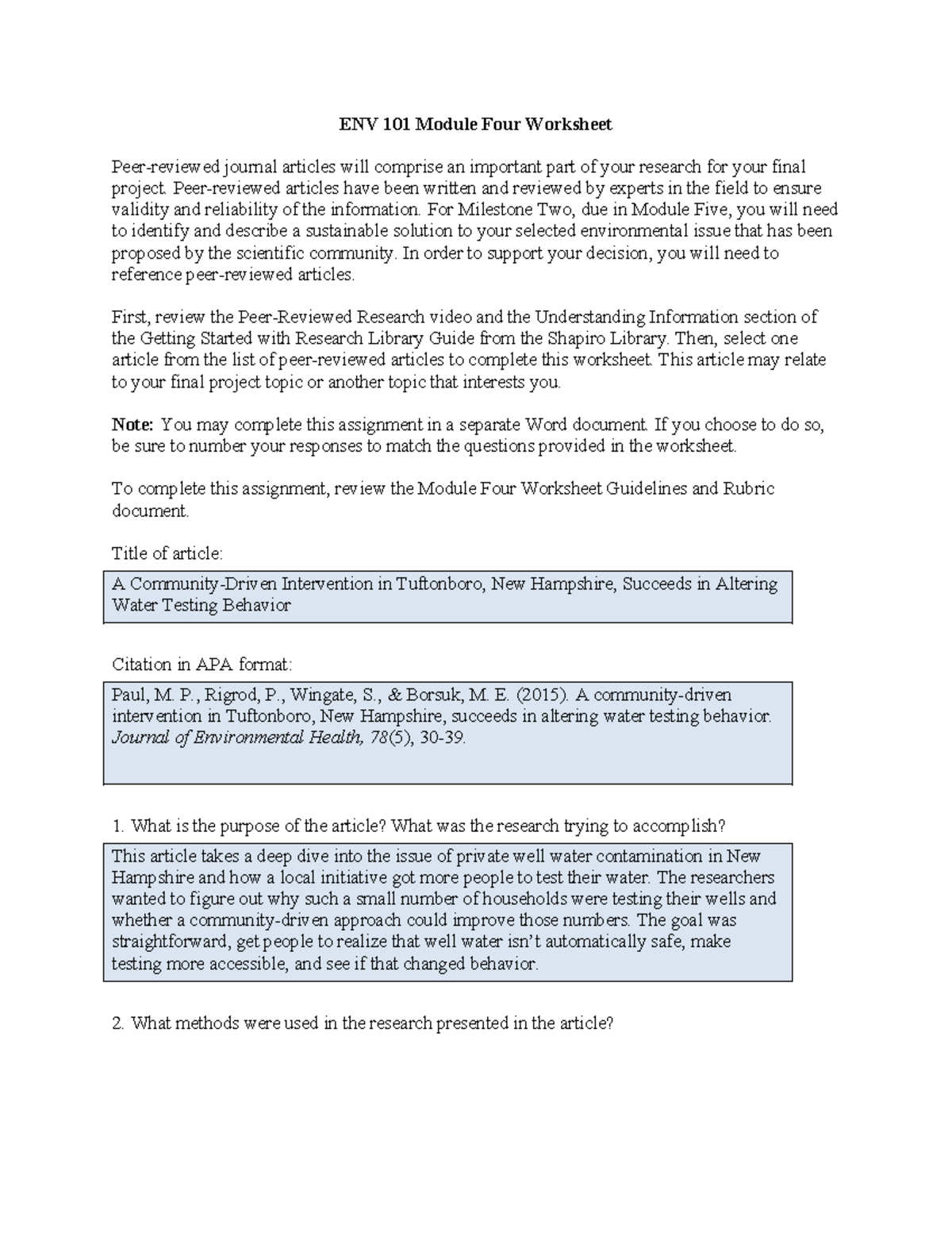 ENV 101 Module Four Worksheet - ENV 101 Module Four Worksheet Peer ...