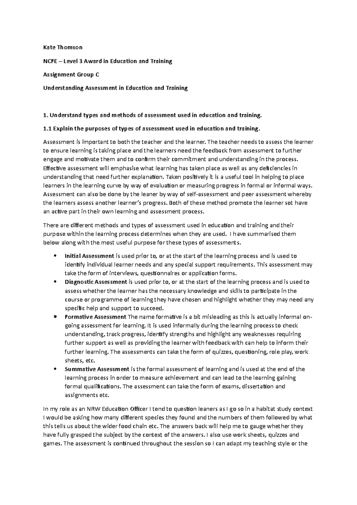 AET course assignment 1 - Kate Thomson NCFE Level 3 Award in Education ...
