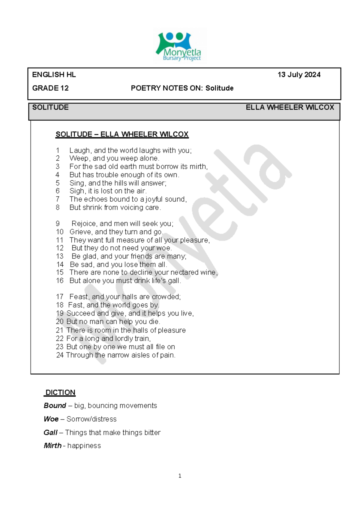 ENGLISH HL GRADE 12 POETRY NOTES: Analysis of "Solitude" by Ella ...