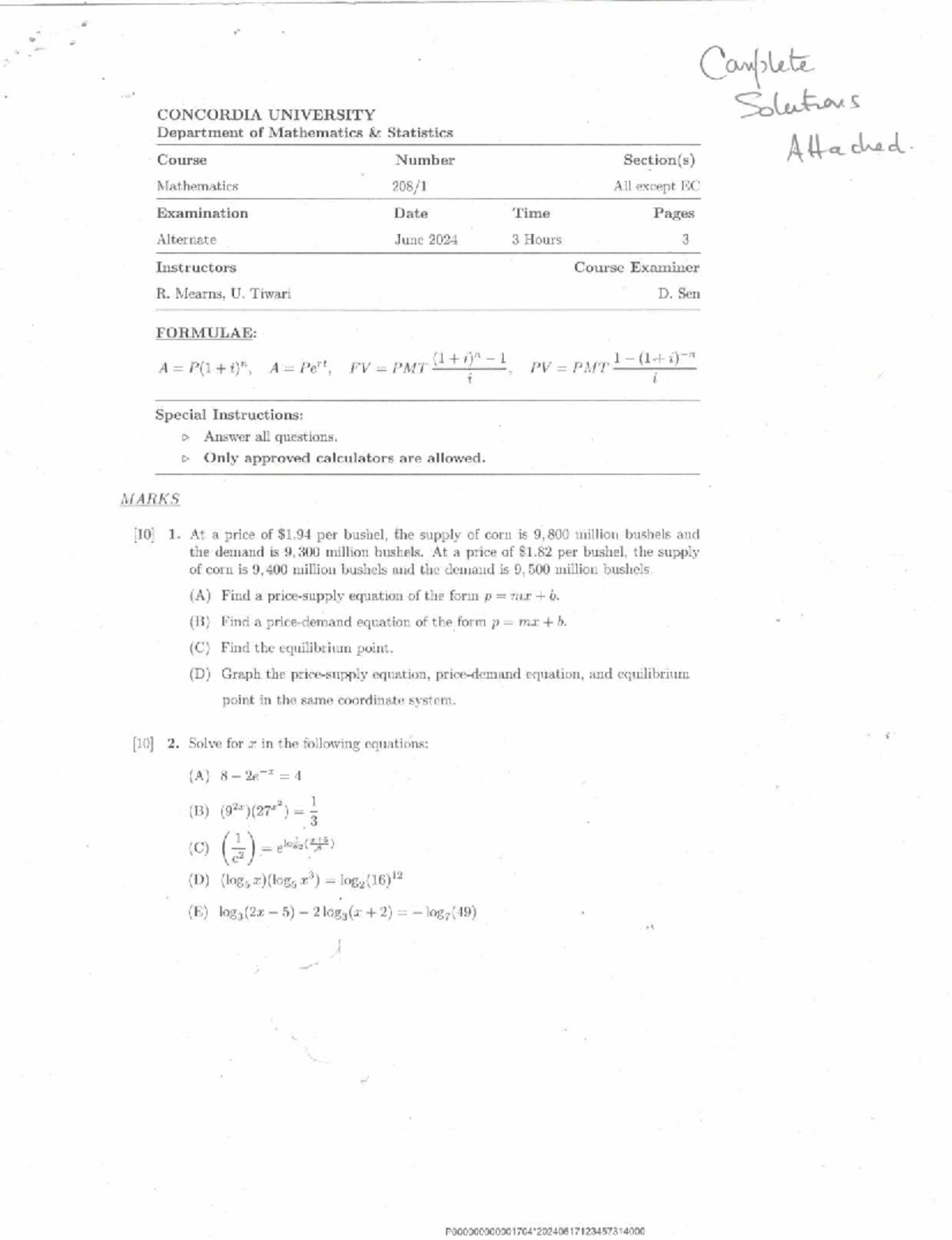 MATH 208 Alternate Final Exam Solutions - June 2024 - Studocu