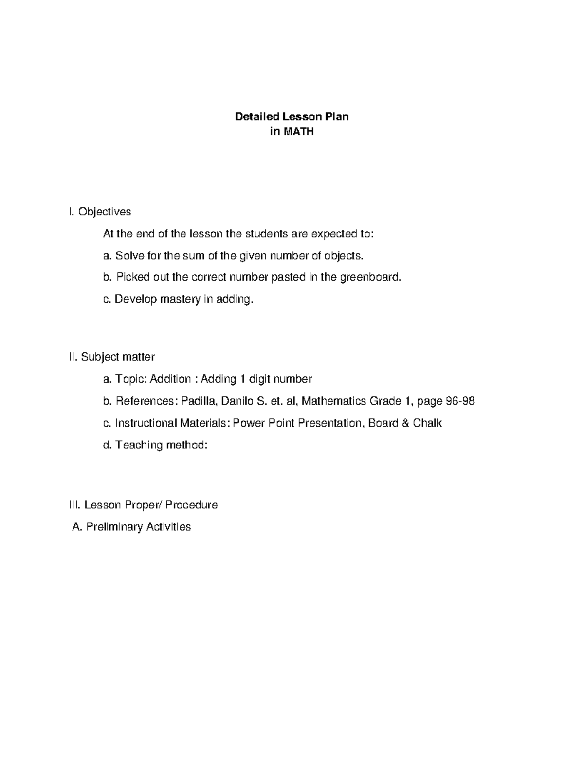 LP-G1 MATH: Detailed Lesson Plan on Addition for Grade 1 Students - Studocu