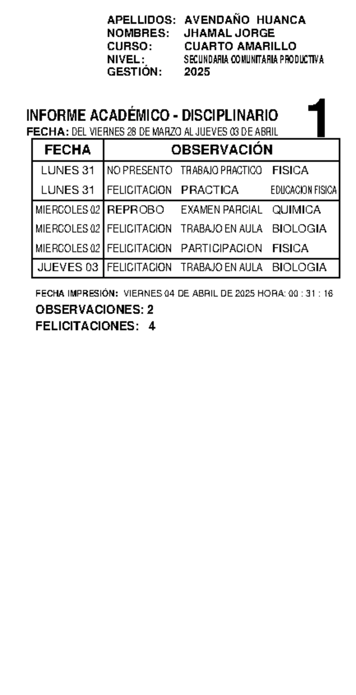 Informe Académico - Disciplinario del Curso Primero Amarillo 2025 - Studocu