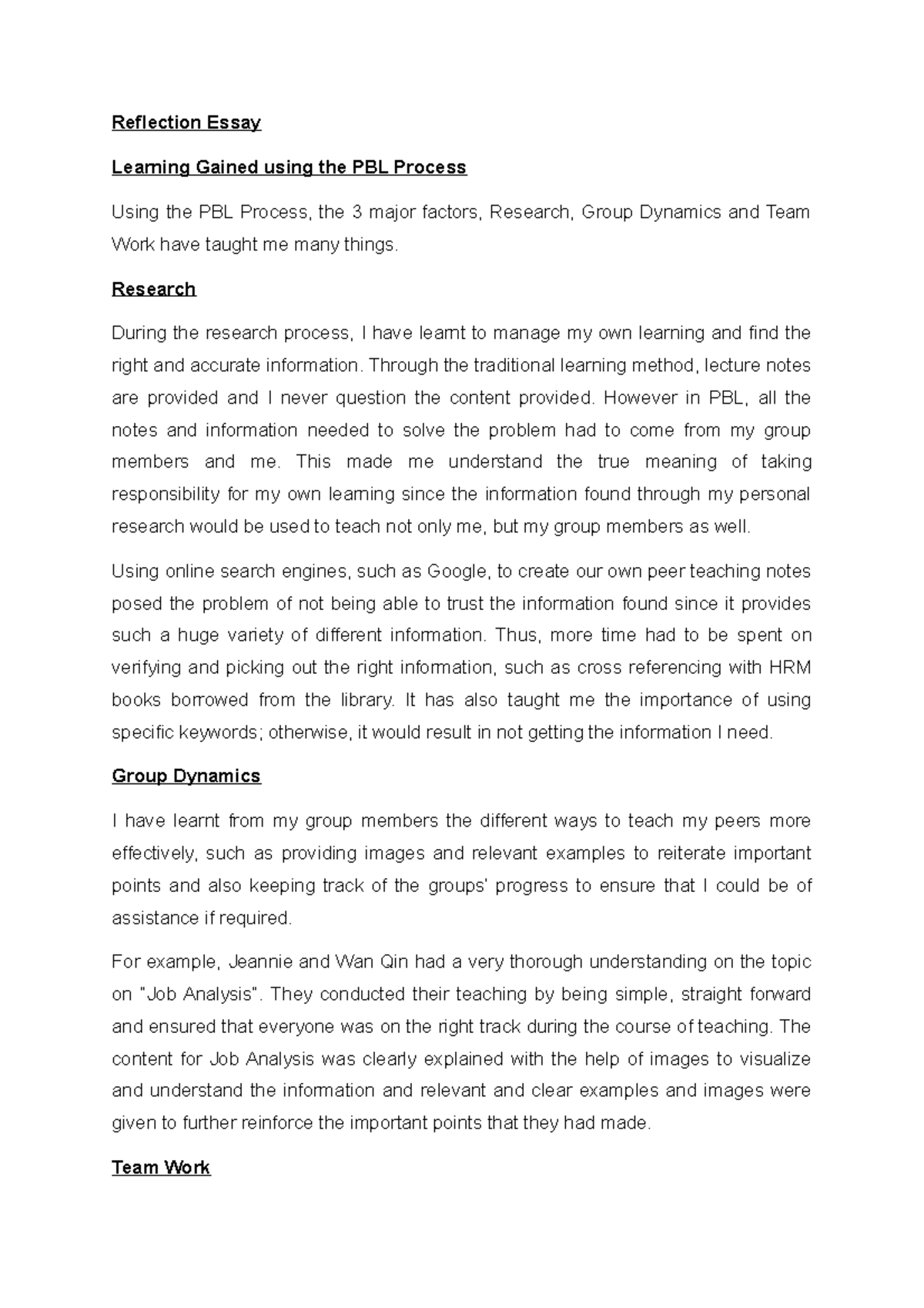 PWR Reflection Essay on PBL Process: Insights and Challenges - Studocu