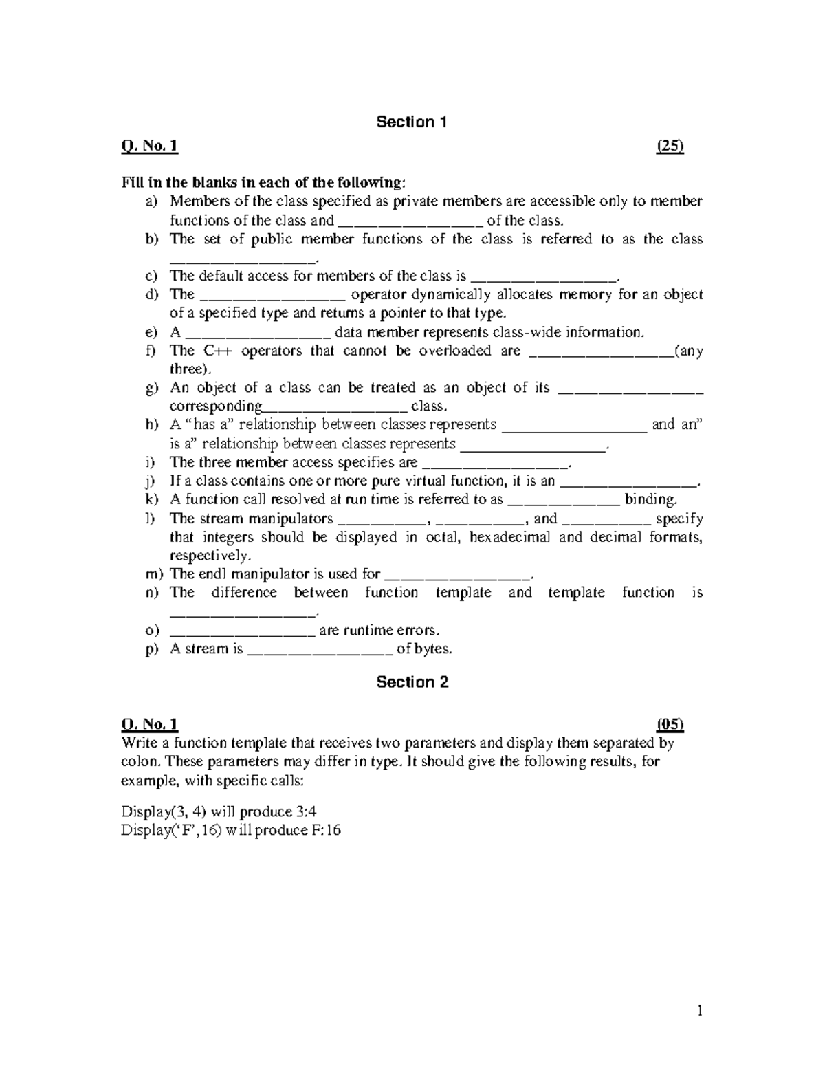 Final object oriented programming - 1 Section 1 Q. No. 1 (25) Fill in ...