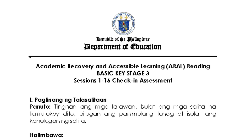 [ Final] ARAL-Reading Basic KS 3 Check-in Assessment Sessions 1-16 ...