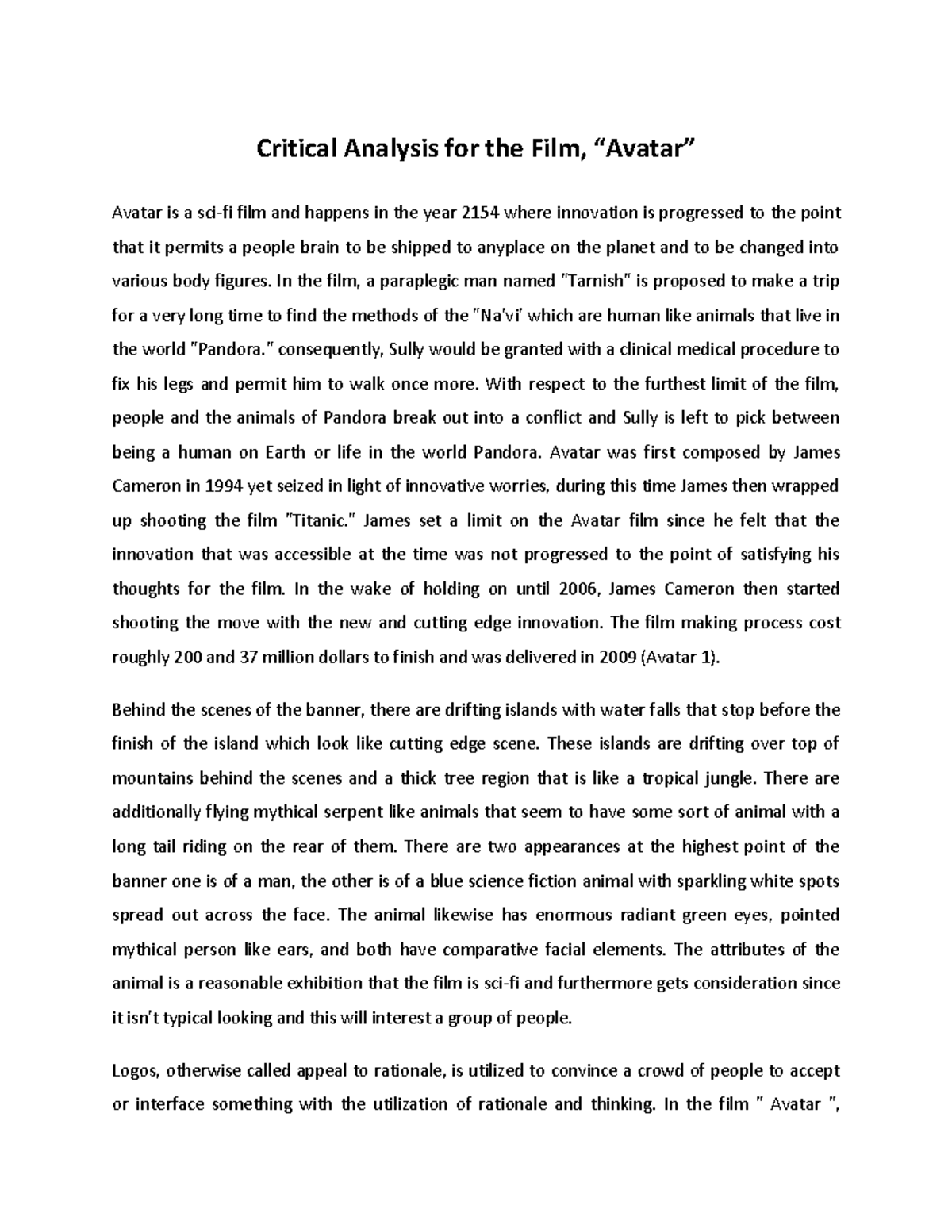 Critical Analysis for the Film Avatar - Critical Analysis for the Film ...