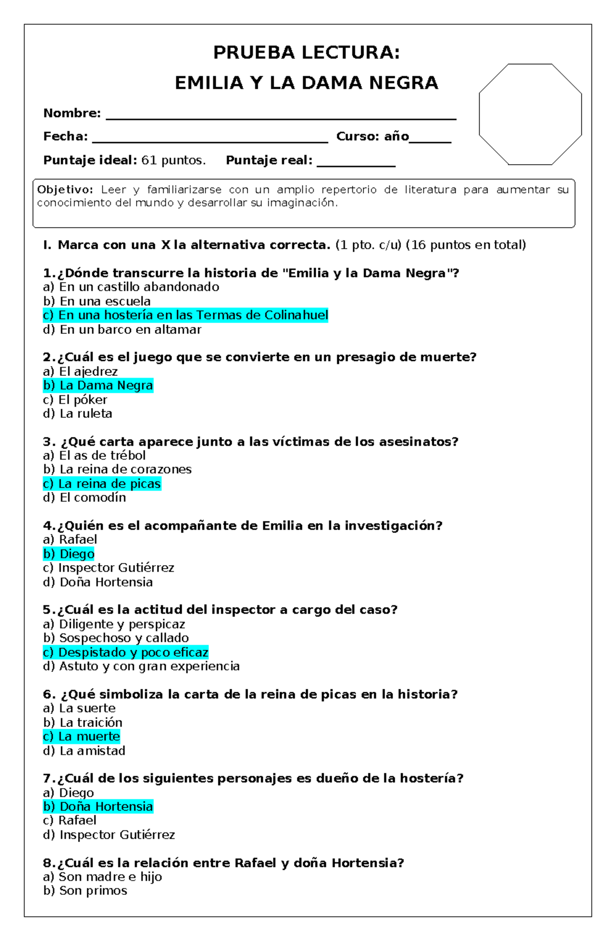 Prueba de Lectura - Emilia y la Dama Negra - Análisis y Respuestas ...